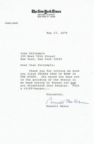 TYPED LETTER SIGNED by RUSSELL BAKER, to Jean Dalrymple, probably ...