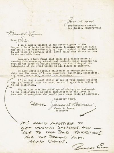 An AUTOGRAPH NOTE SIGNED by the AMERICAN CARTOONIST BANDEL LINN ...